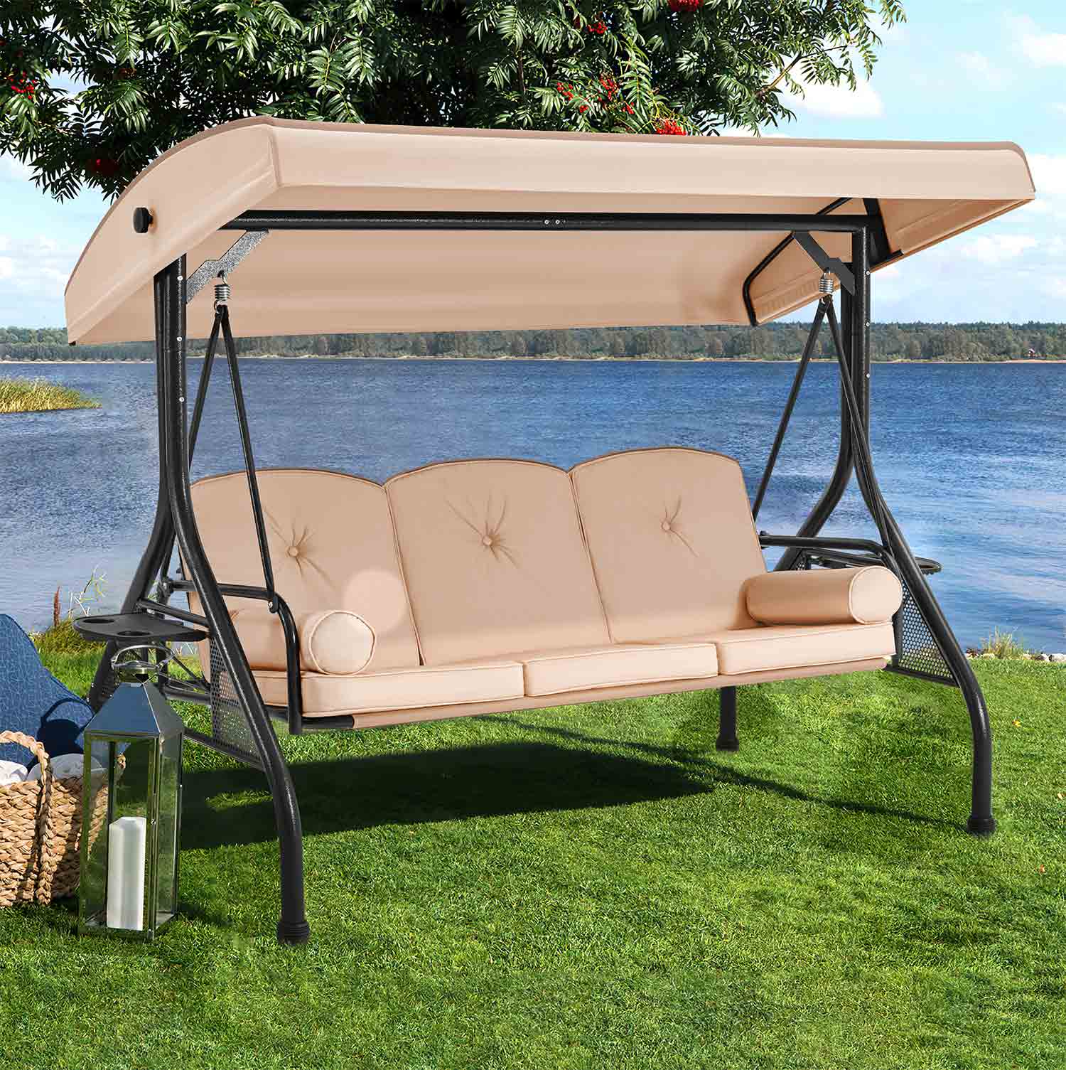 Outdoor Porch Swing with Adjustable Canopy and Backrest