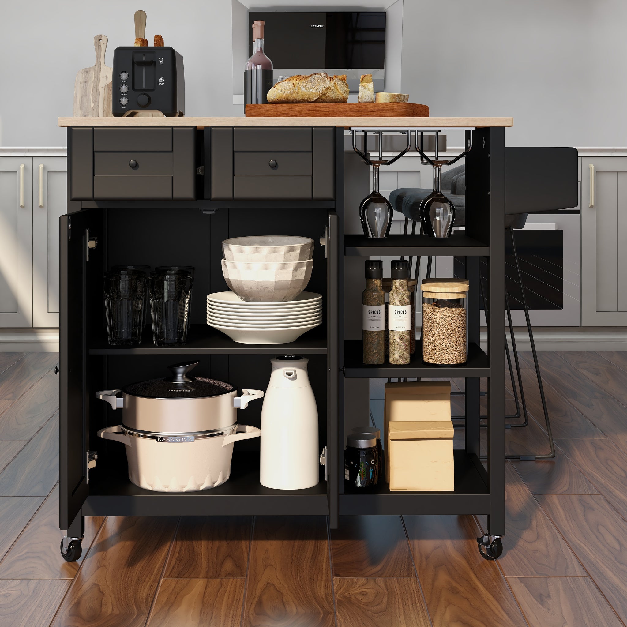 Kitchen Island on Wheels with Cabinet & 3 Layer Shelves