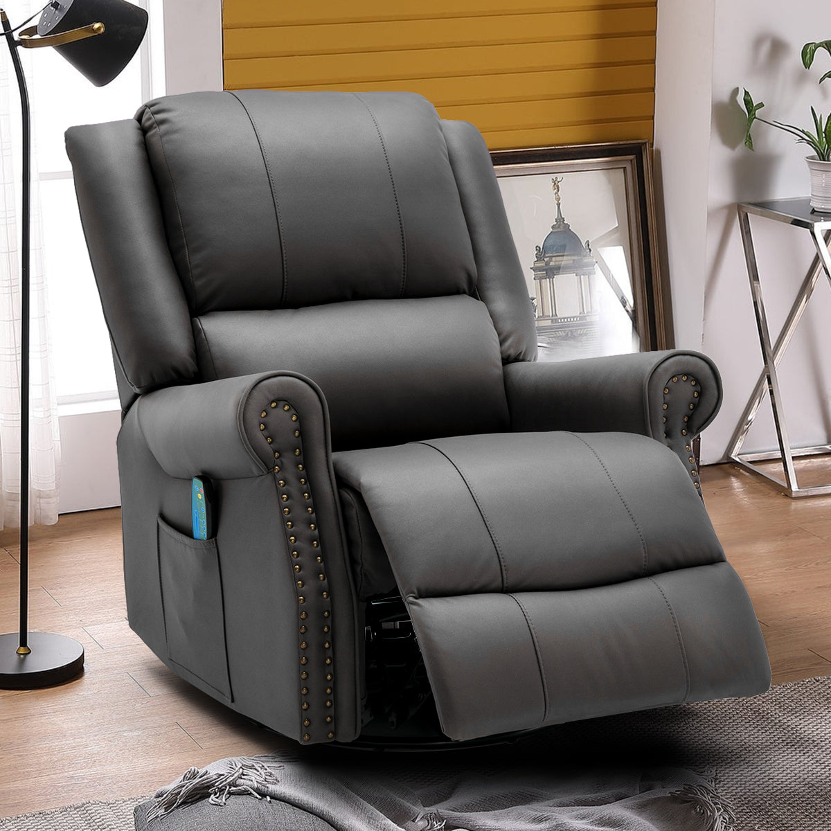 Massage Recliner Chair 360° Swivel Heated, Faux Leather Sofa