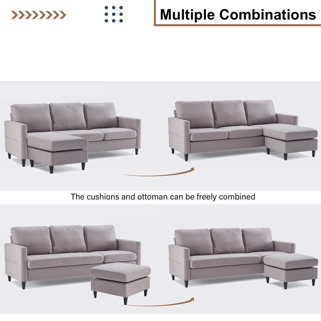 Homrest Linen Sectional Sofa Convertible Couch, Grey