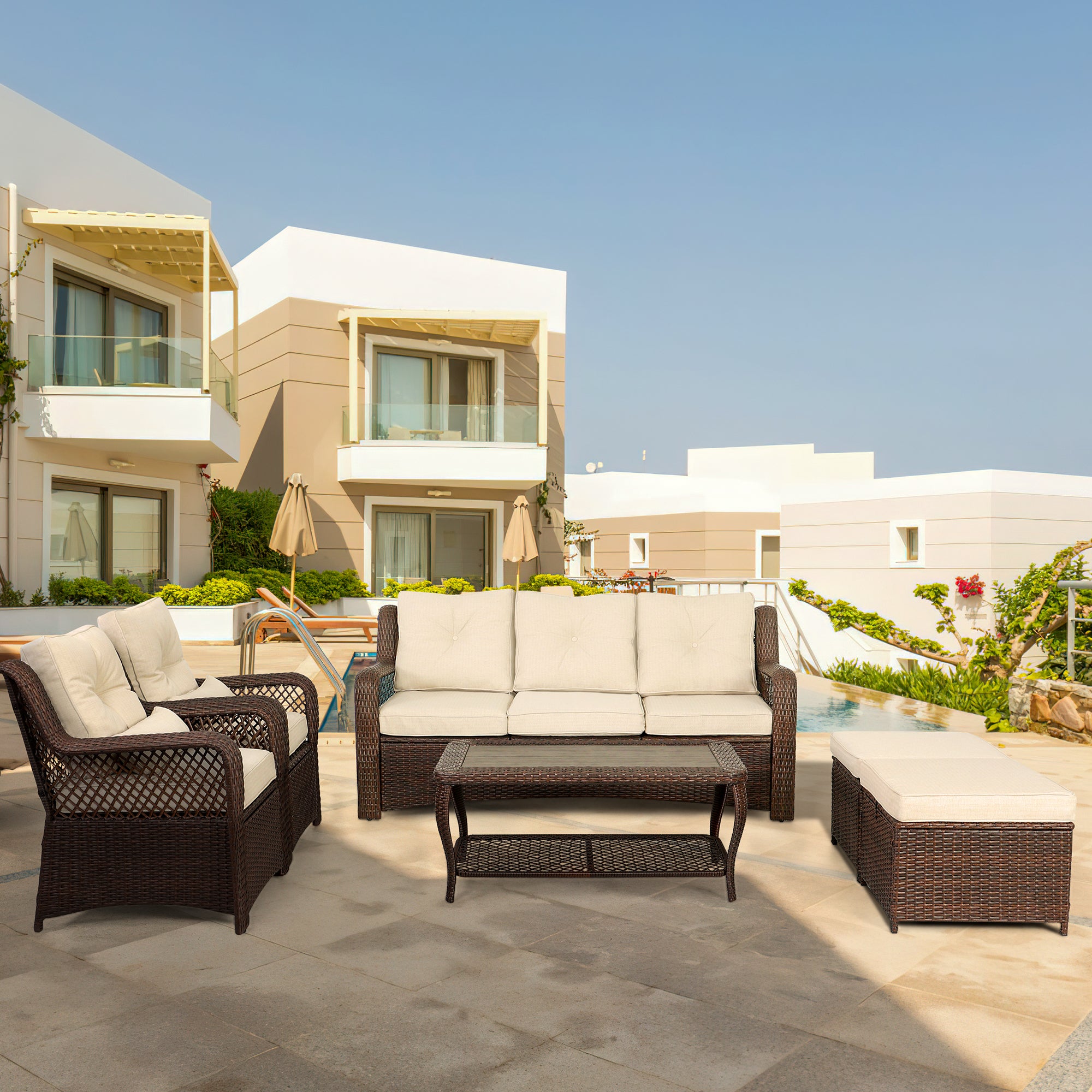 Homrest 6 Pieces Rattan Patio Conversation Sets with Ottoman