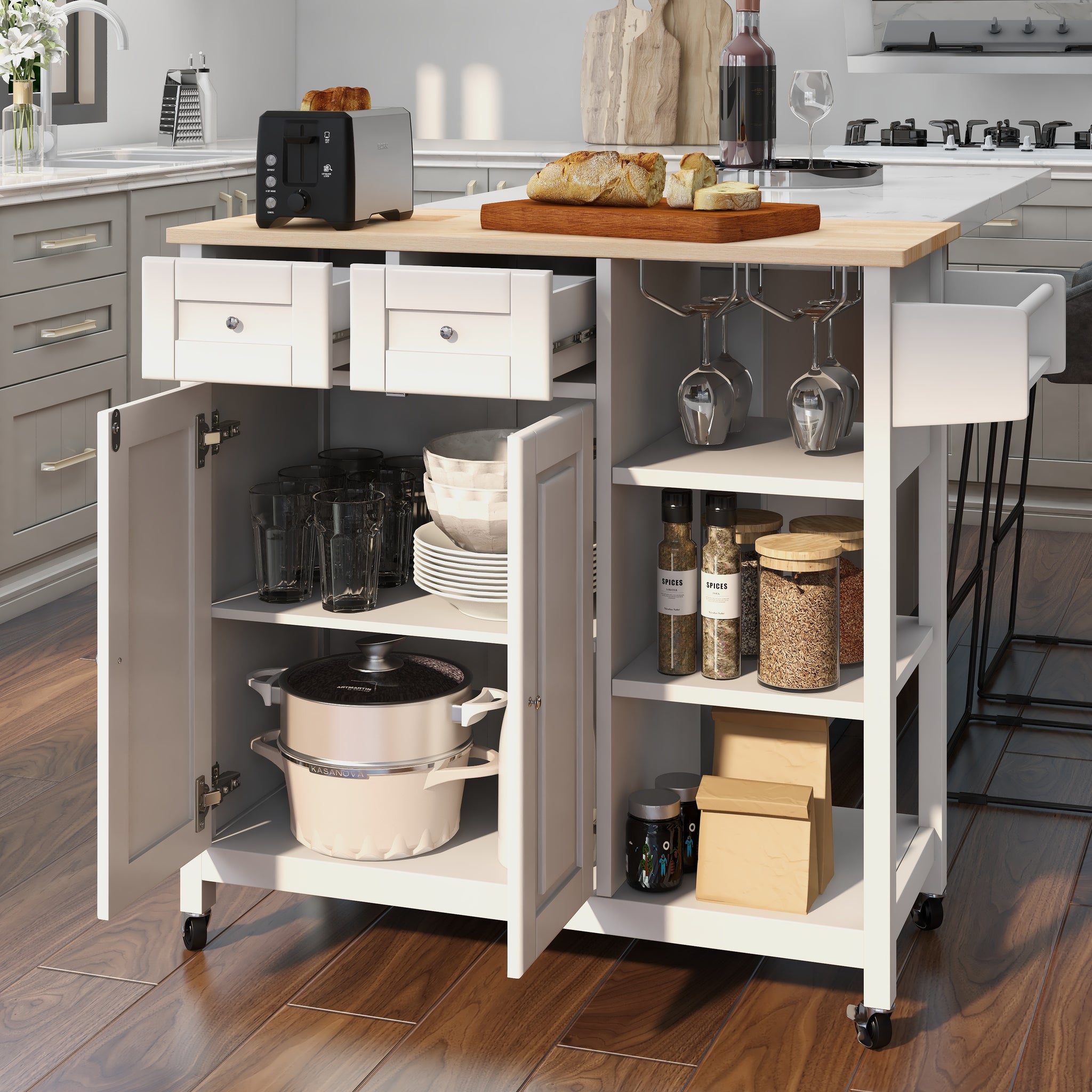 Kitchen Island on Wheels with Cabinet & 3 Layer Shelves