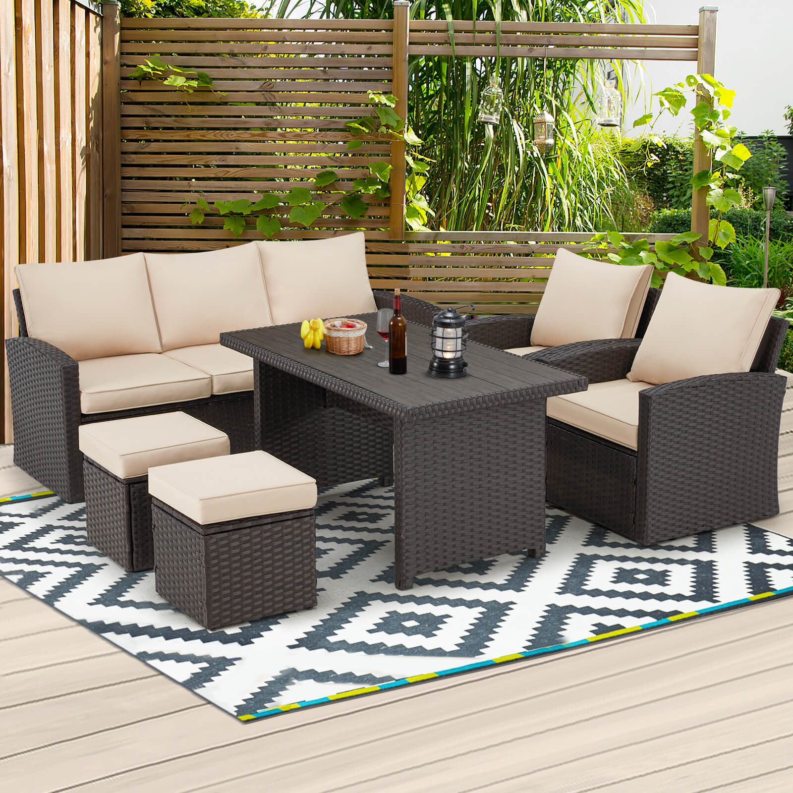 6 Pieces Patio Dining Sofa Set Wicker Rattan Dining Set