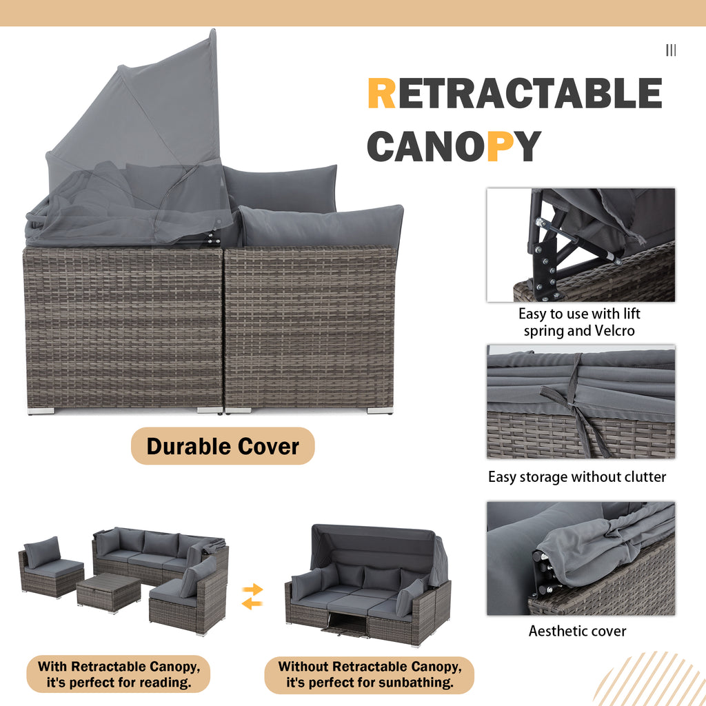 Homrest 6 Pcs Outdoor Sectional Sofa Daybed w/ Canopy