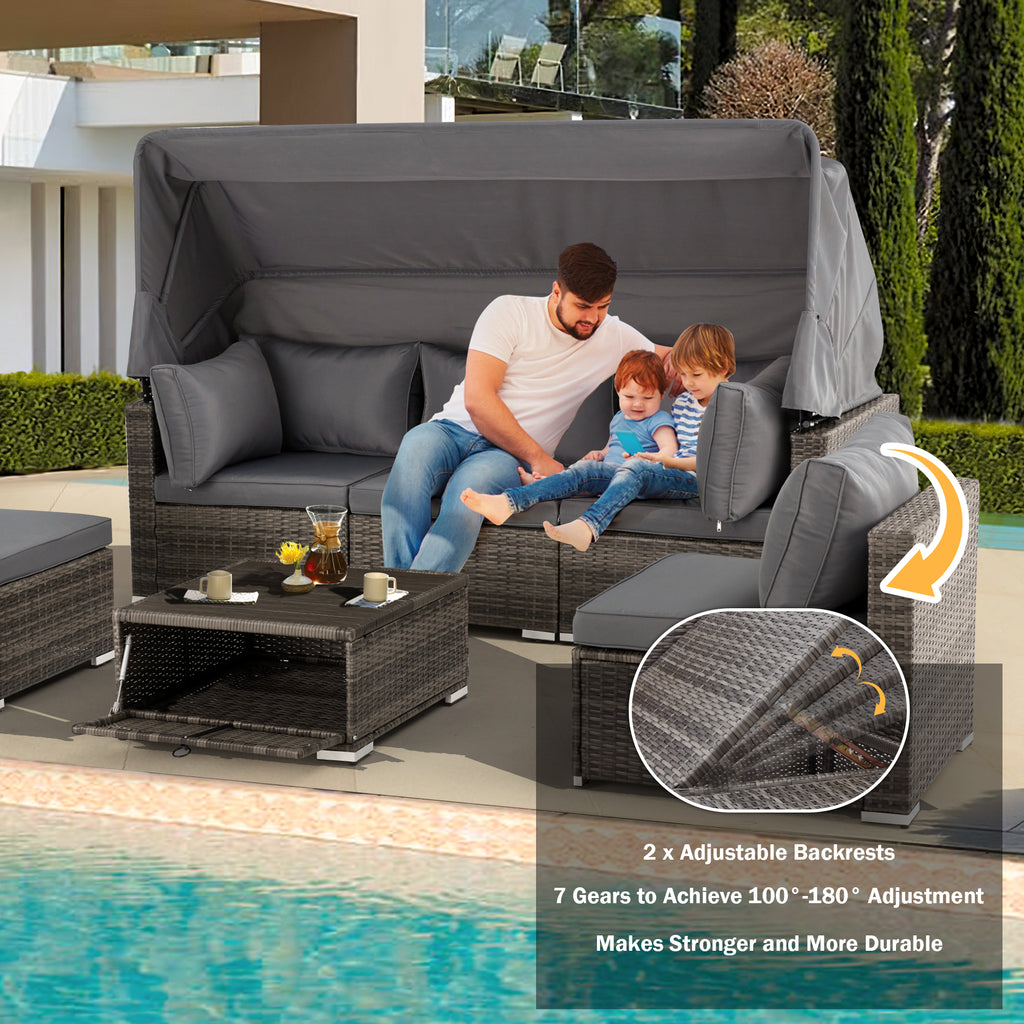 Homrest 6 Pcs Outdoor Sectional Sofa Daybed w/ Canopy