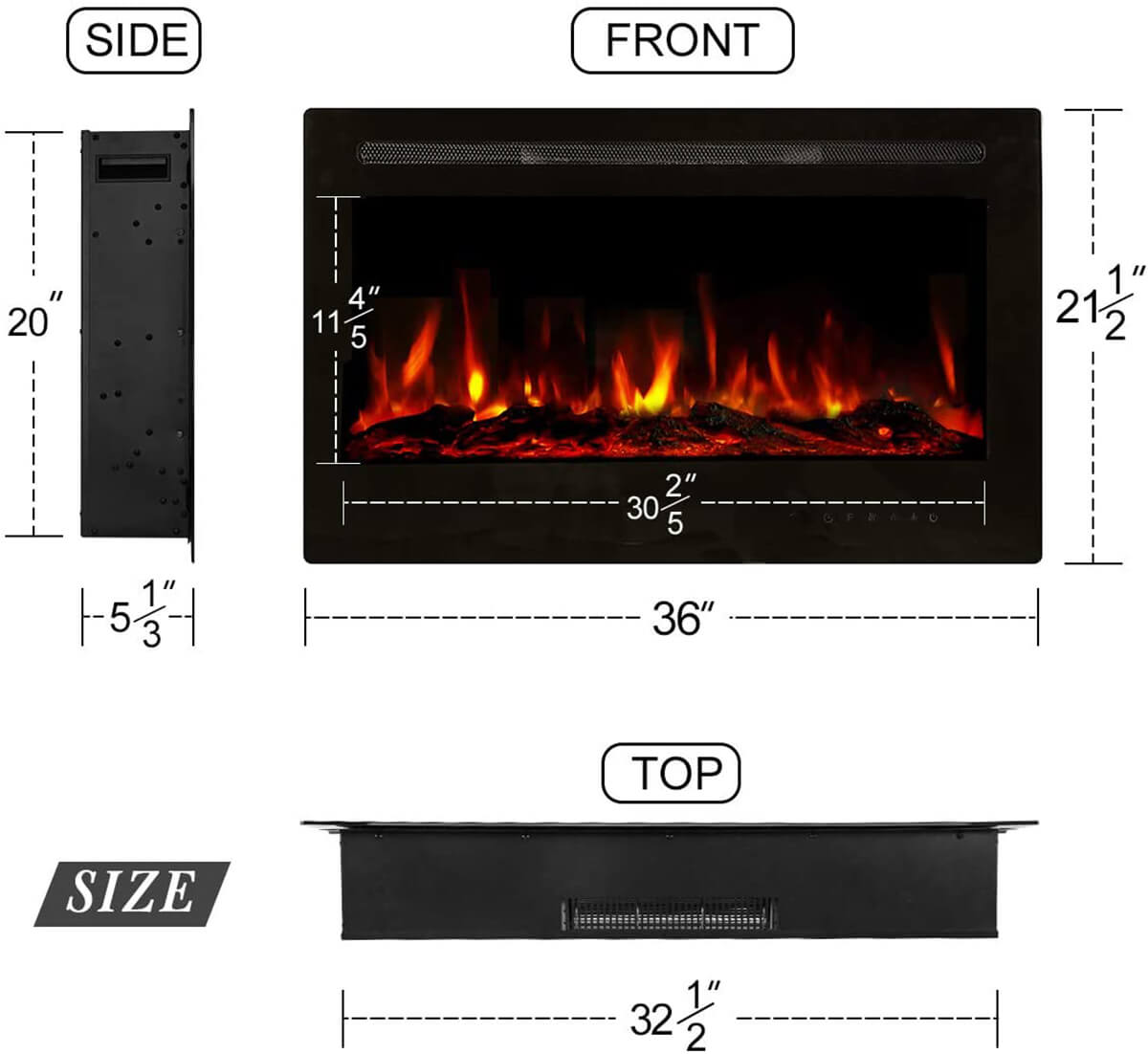 36" Recessed Mounted Electric Fireplace Insert