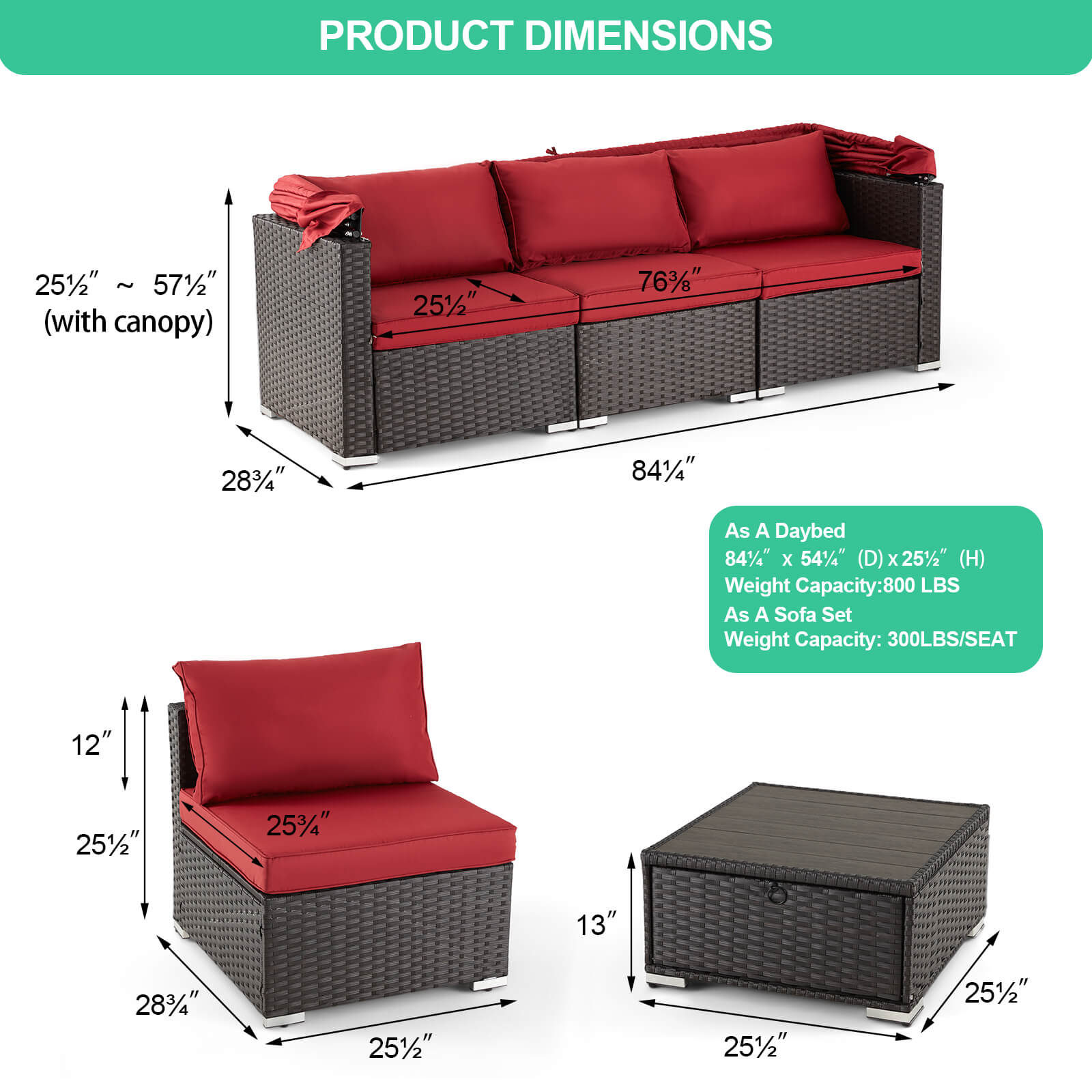 Homrest 6 Pcs Outdoor Sectional Sofa Daybed w/ Canopy