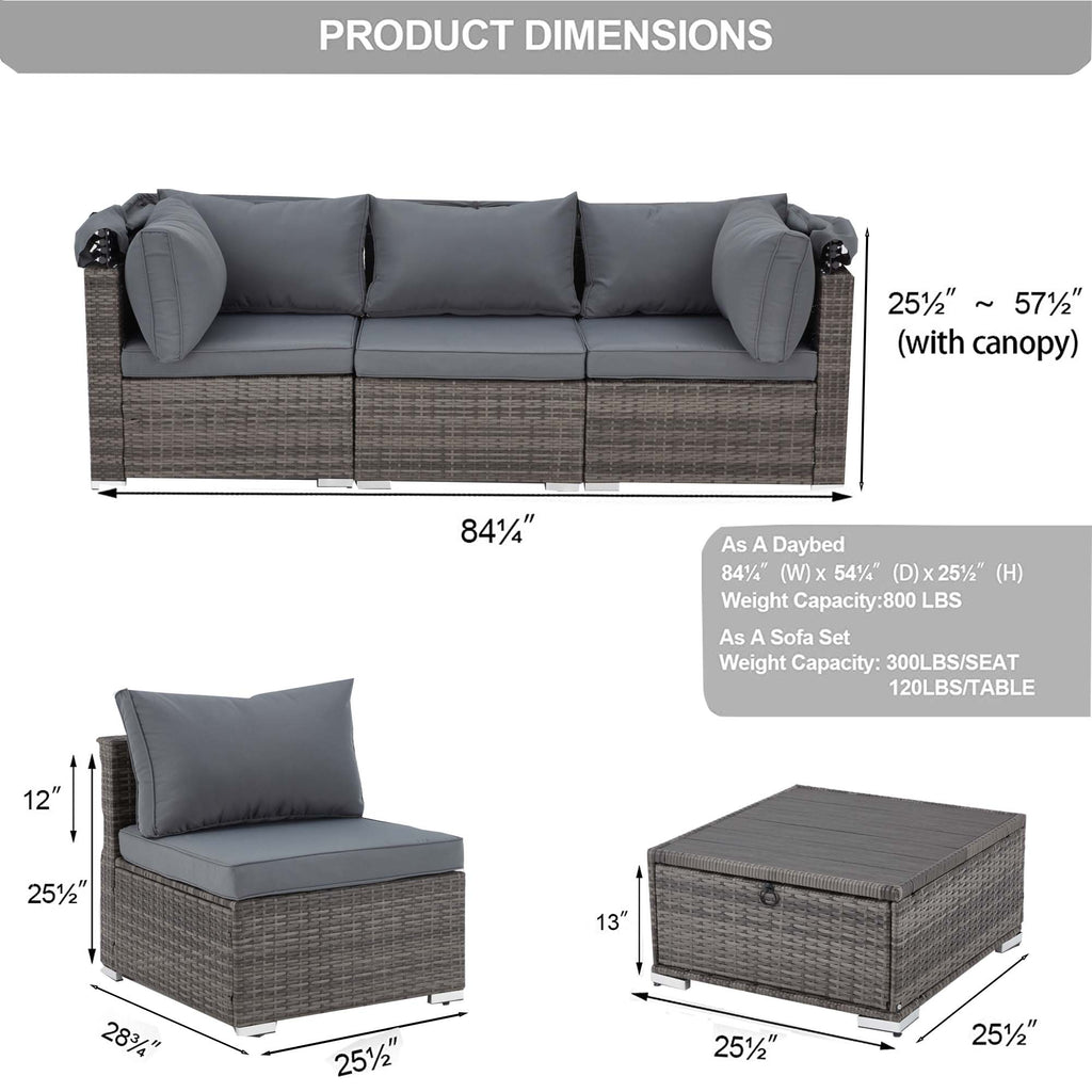 Homrest 6 Pcs Outdoor Sectional Sofa Daybed w/ Canopy