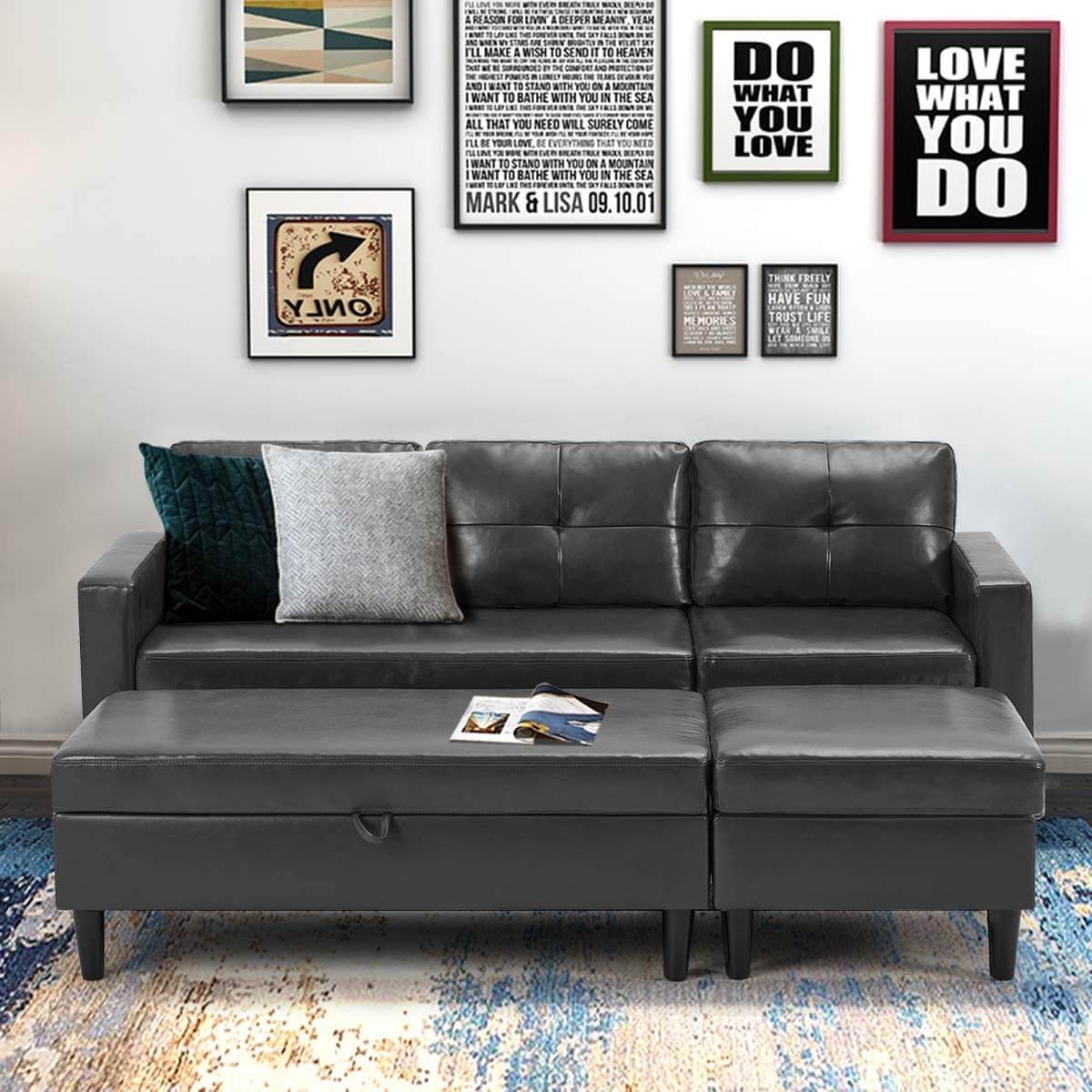 Faux Leather Sectional Sofa with Ottoman and Chaise Lounge
