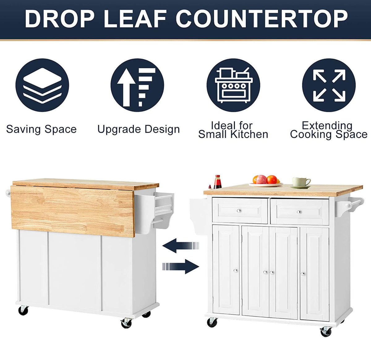 Rolling Kitchen Island Cart with Storage and Wheels, White