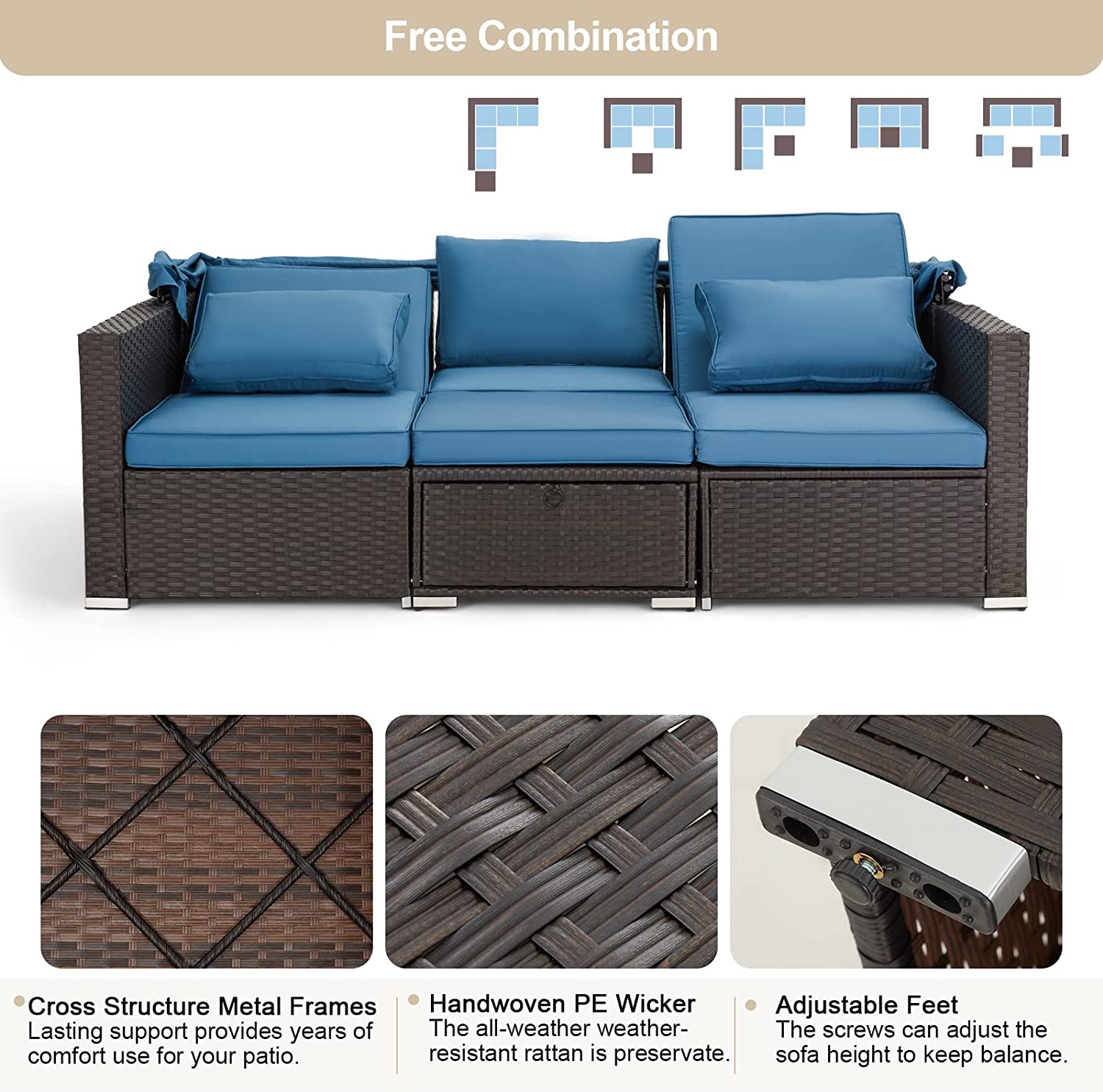 HOMREST 6 Pcs Outdoor Sectional Sofa Daybed w/ Canopy