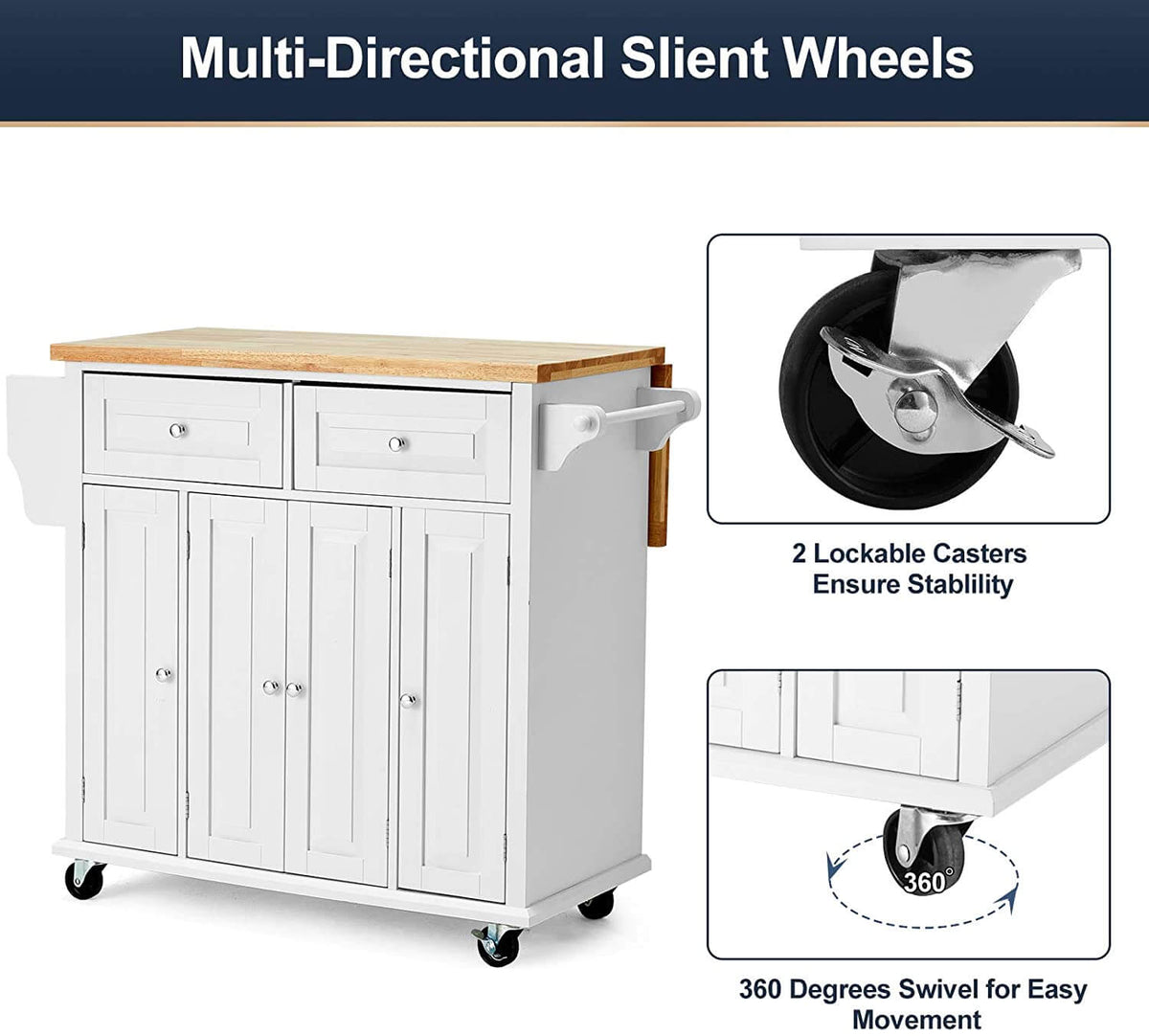 Rolling Kitchen Island Cart with Storage and Wheels, White