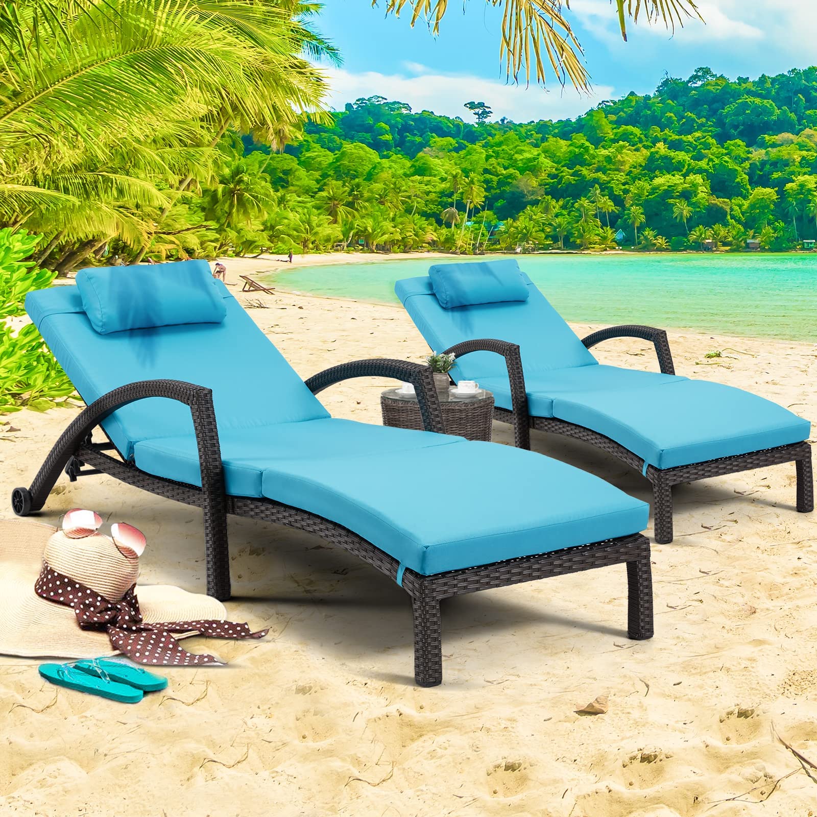 Homrest Patio Lounge Pool Chaise Outdoor Wicker Chair (Blue)