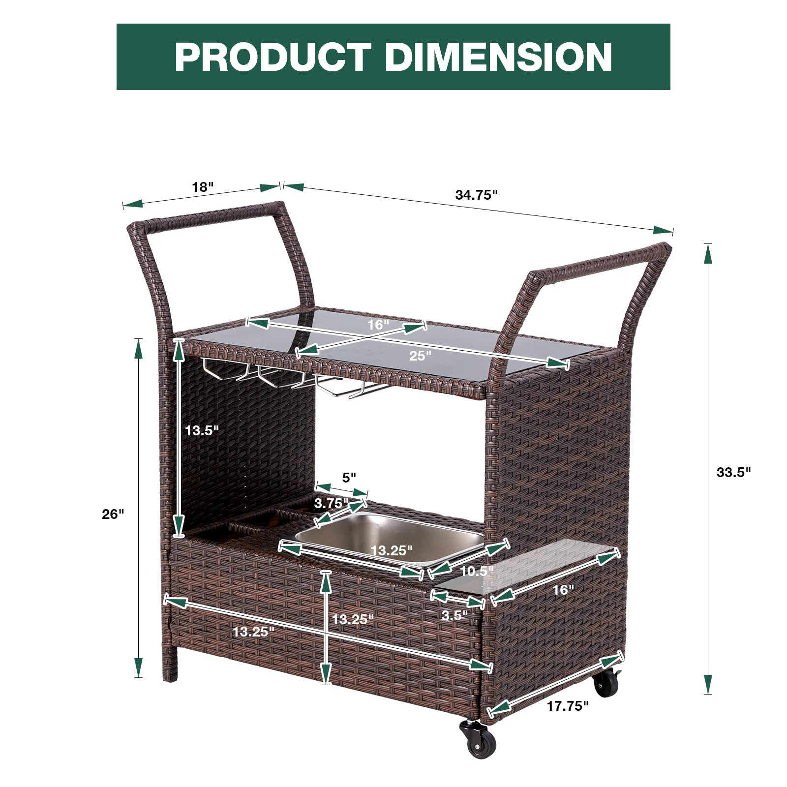 Homrest Outdoor Wicker Bar Cart with Removable Ice Bucket